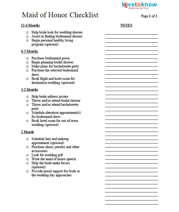Wedding Planner Destination Wedding Checklist Maid Of Honor