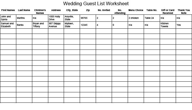 Wedding Guest List Worksheet LoveToKnow